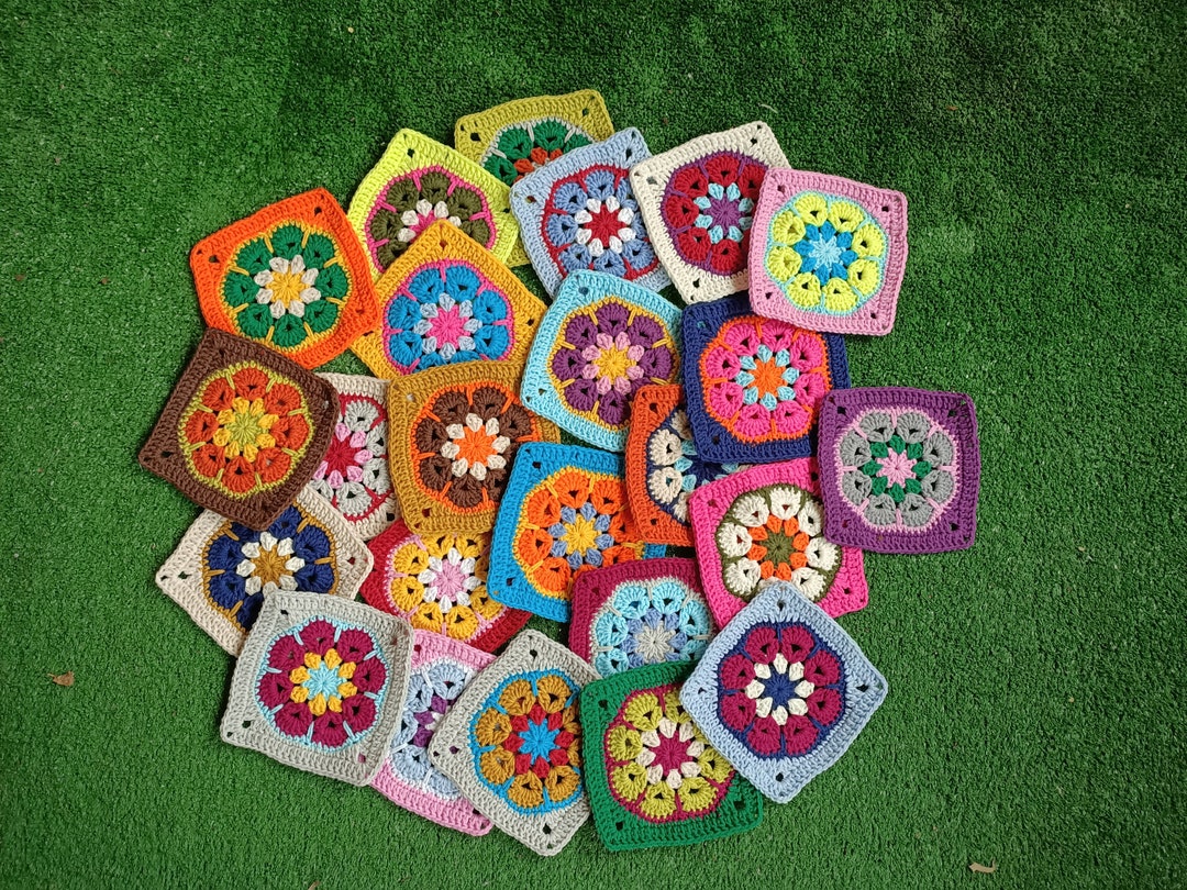 24 African Violet Multicolored Granny Square Set, Crocheted Afgan ...