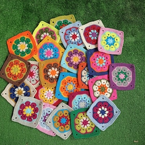 24 African Violet Multicolored Granny Square Set, Crocheted Afgan ...
