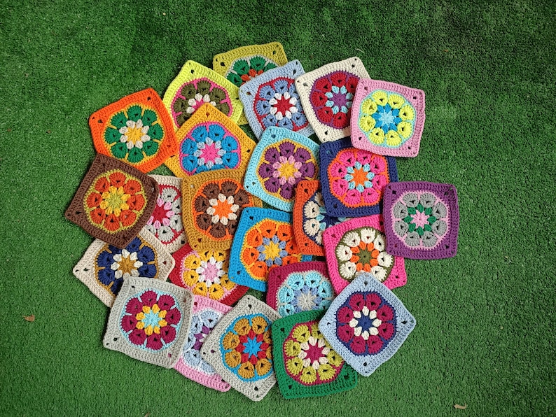 24 African Violet Multicolored Granny Square Set, Crocheted Afgan ...