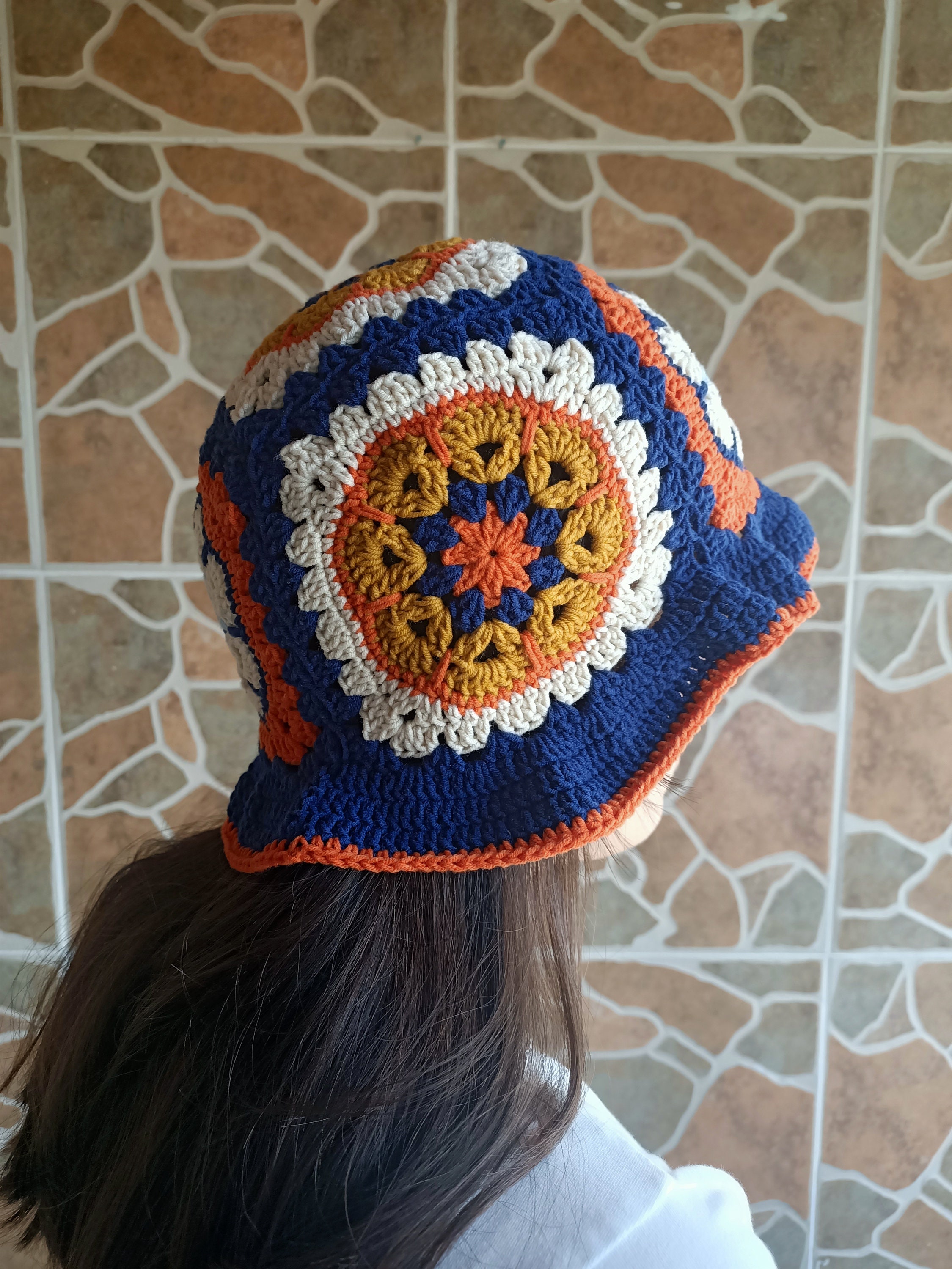 Granny Square Hat Colorful Crochet Bucket Hat, Summer Knit Hat, Cotton ...