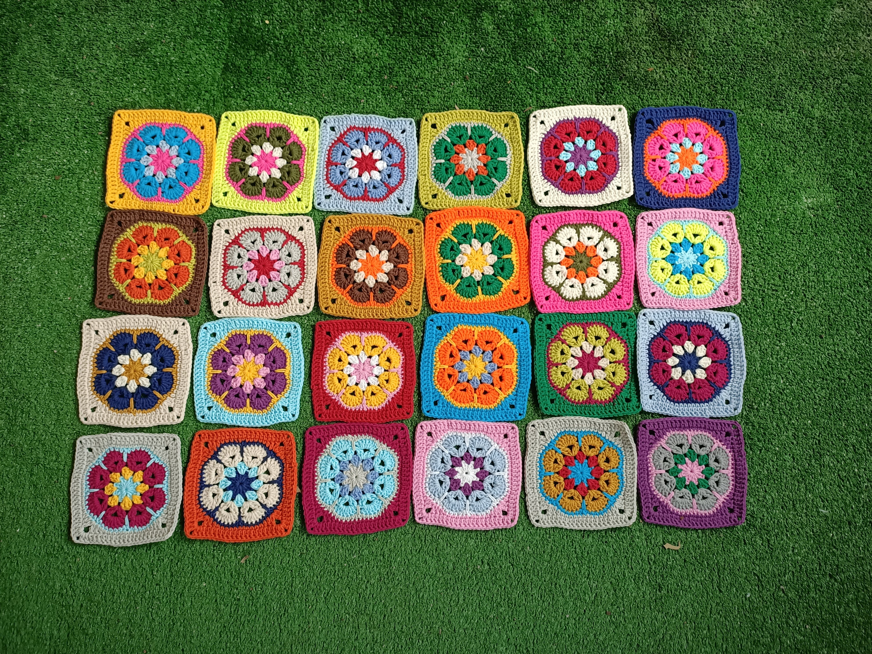 24 African Violet Multicolored Granny Square Set, Crocheted Afgan ...