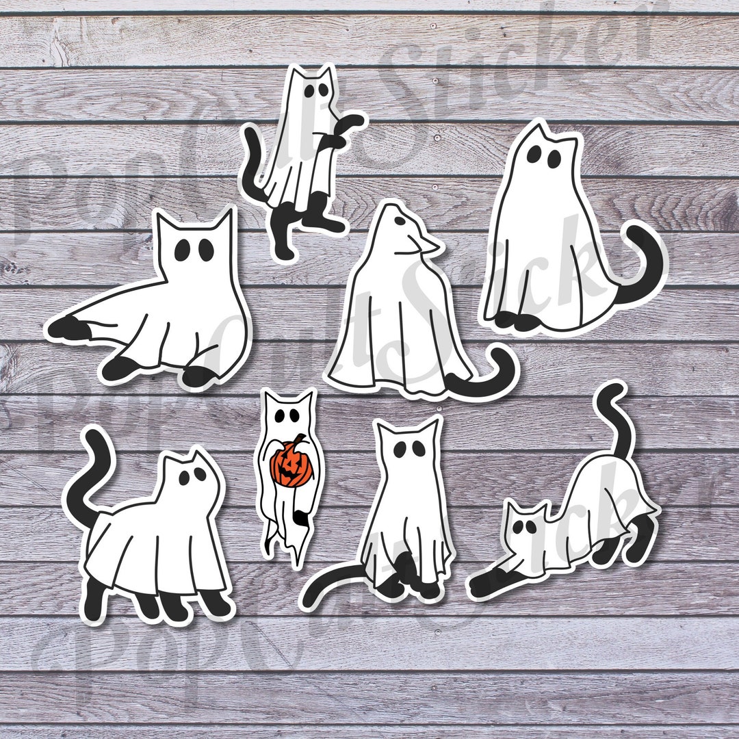 Halloween Stickers, 8 Ghost Cat Sticker Set Cute Stickers, Halloween ...
