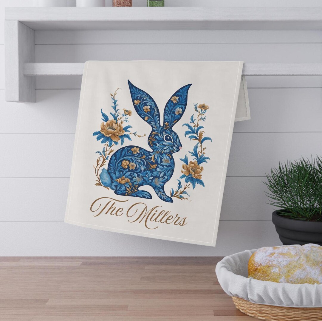 Personalized Chinoiserie Easter Tea Towel, Kitchen Towel, Blue Toile ...