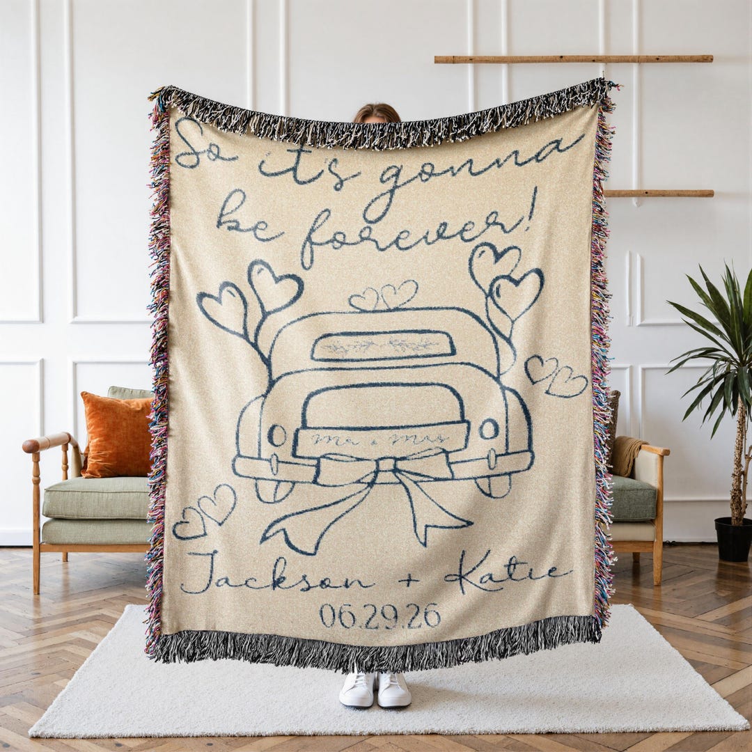 Personalized Wedding Doodle Woven Blanket - Custom Cotton Tapesty With ...