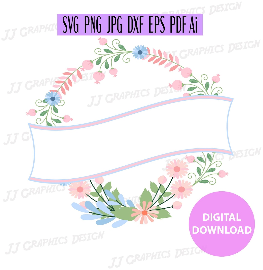 Printalble Floral Wreath With Banner SVG | Floral Wreath With Blank ...