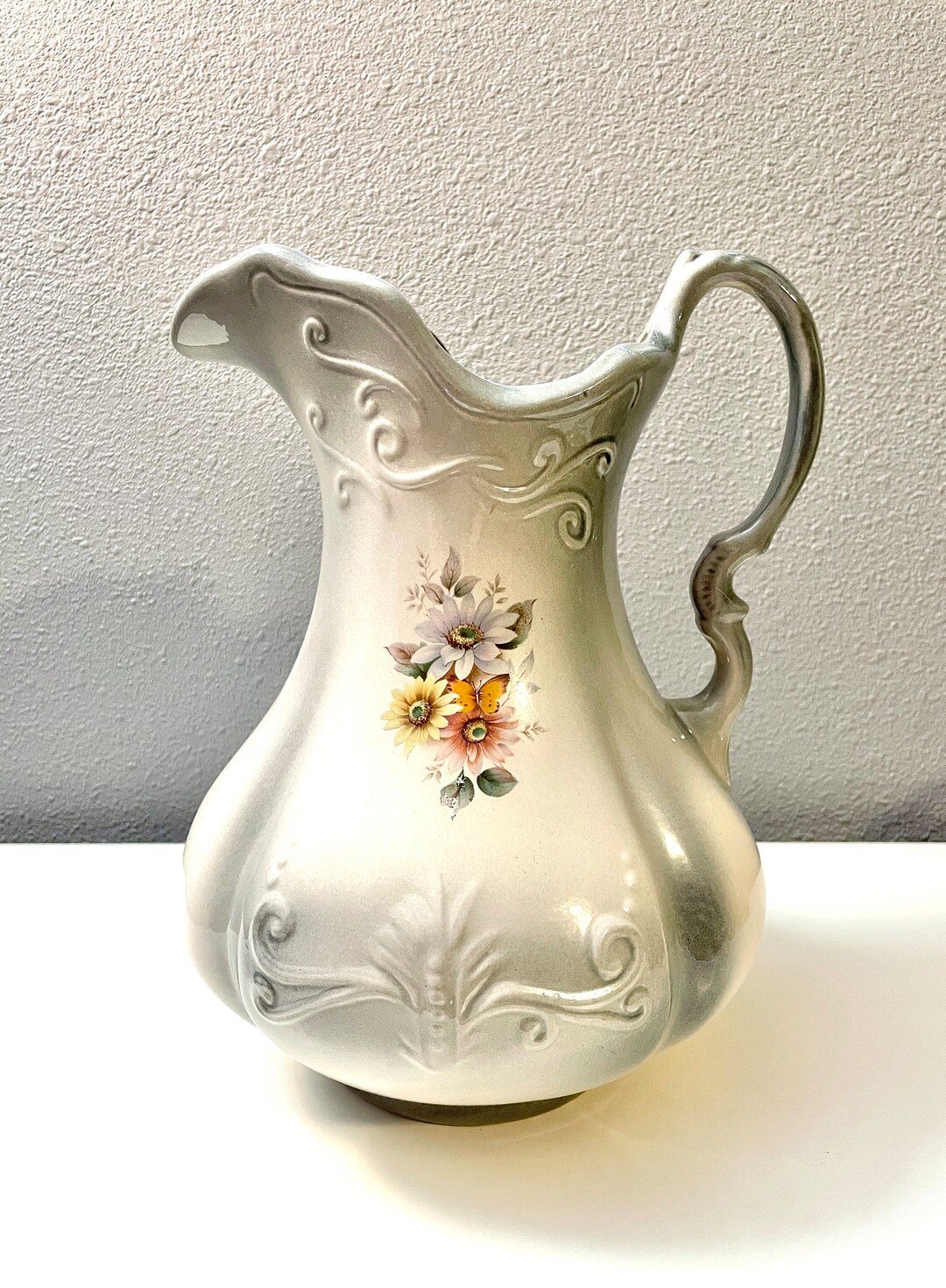 Large Ironstone Pitcher With Floral Design - Etsy