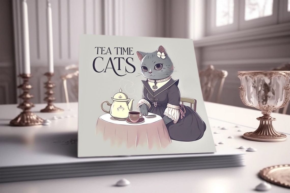Purrfectly Posh: Cute Kitty Tea Time Art Display Digital - Etsy