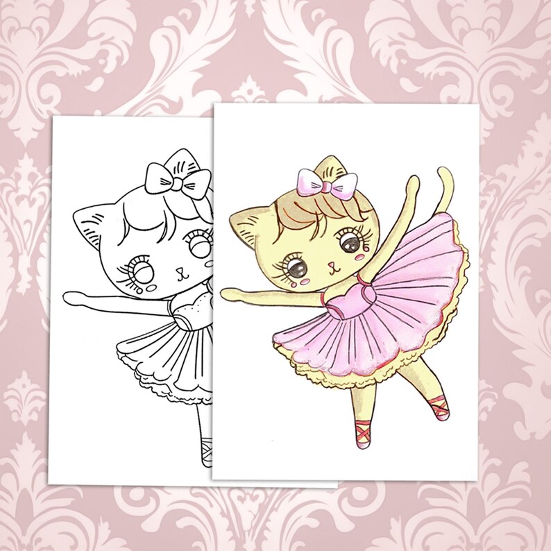 Adorable Kawaii Ballerina Cat Coloring Page for Kids: Fun Kitty ...
