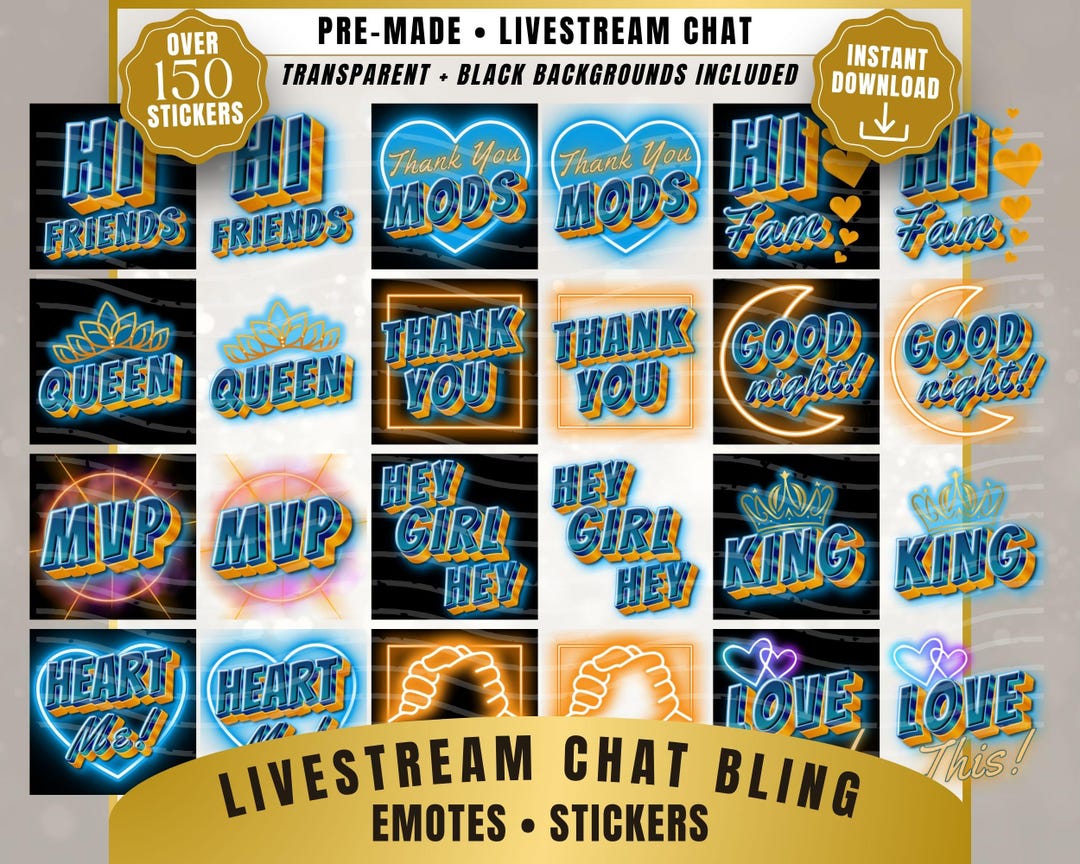 Tiktok Live Stream Stickers: Blue & Gold Neon + Alphabet Letter Emotes ...