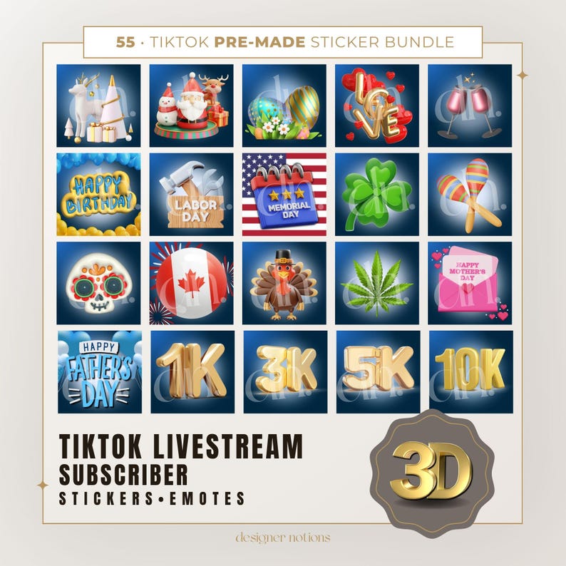 3D Tiktok Subscriber Stickers: 55 Dark Blue Livestream Emotes (digital ...