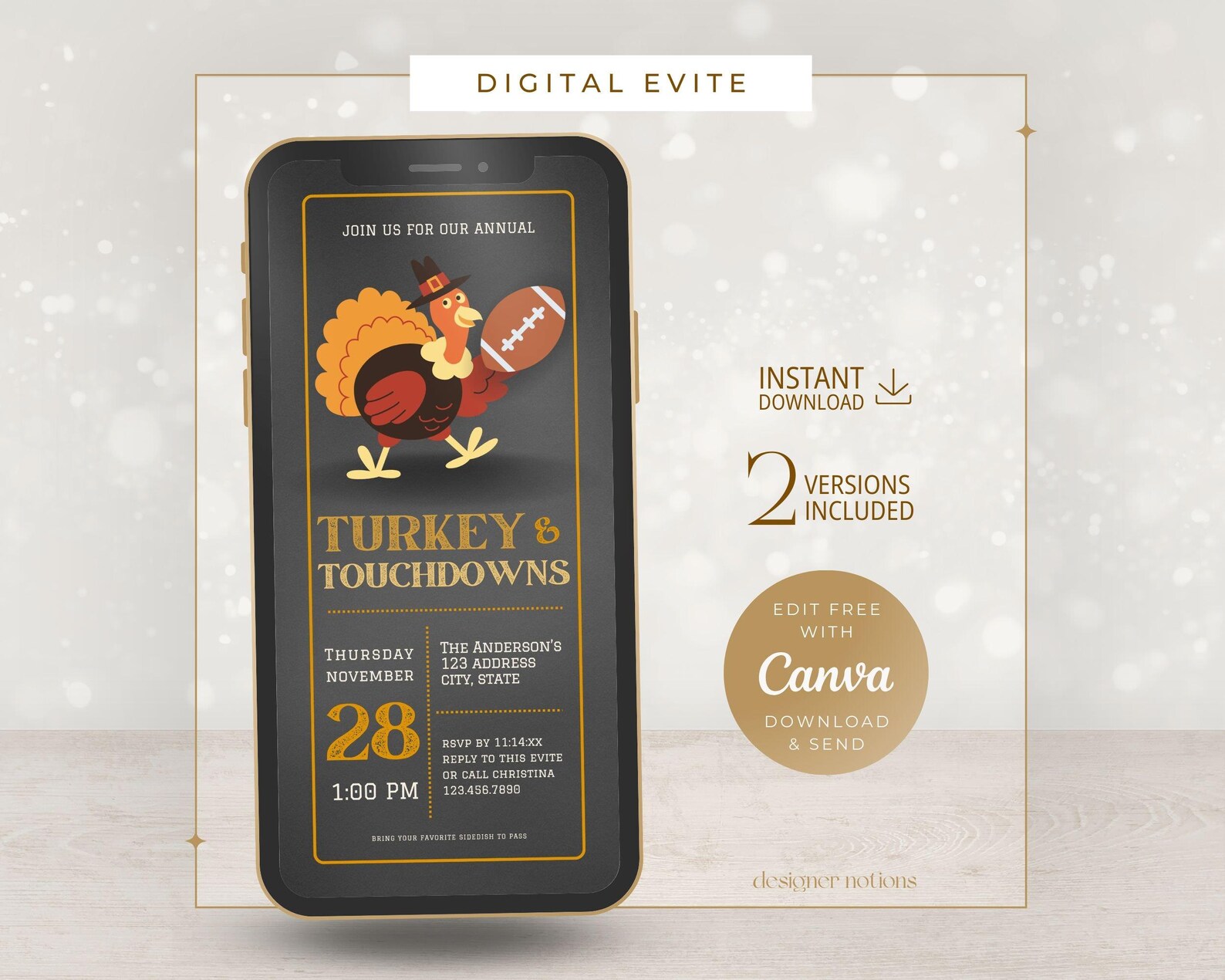 Thanksgiving Football Evite Template Turkey & Touchdowns Canva Editable ...