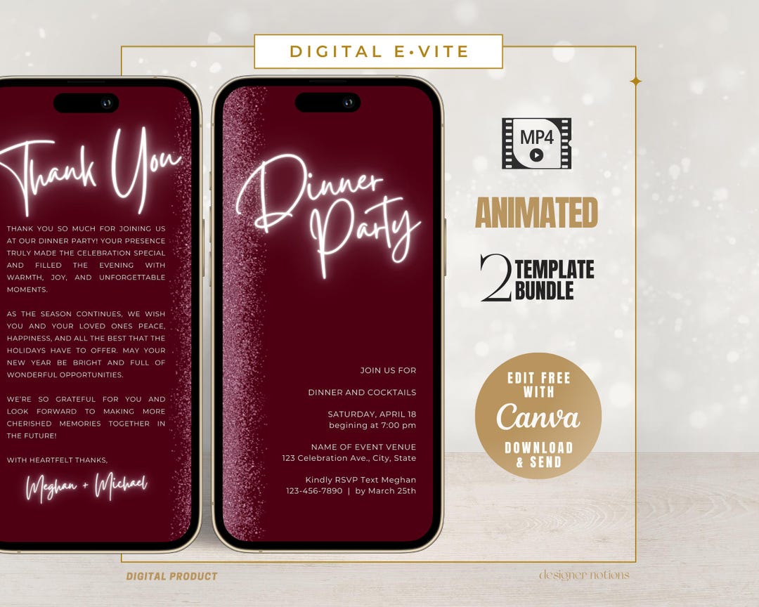 Digital Dark Maroon Glitter Video Dinner Party Invitation, Mobile and ...