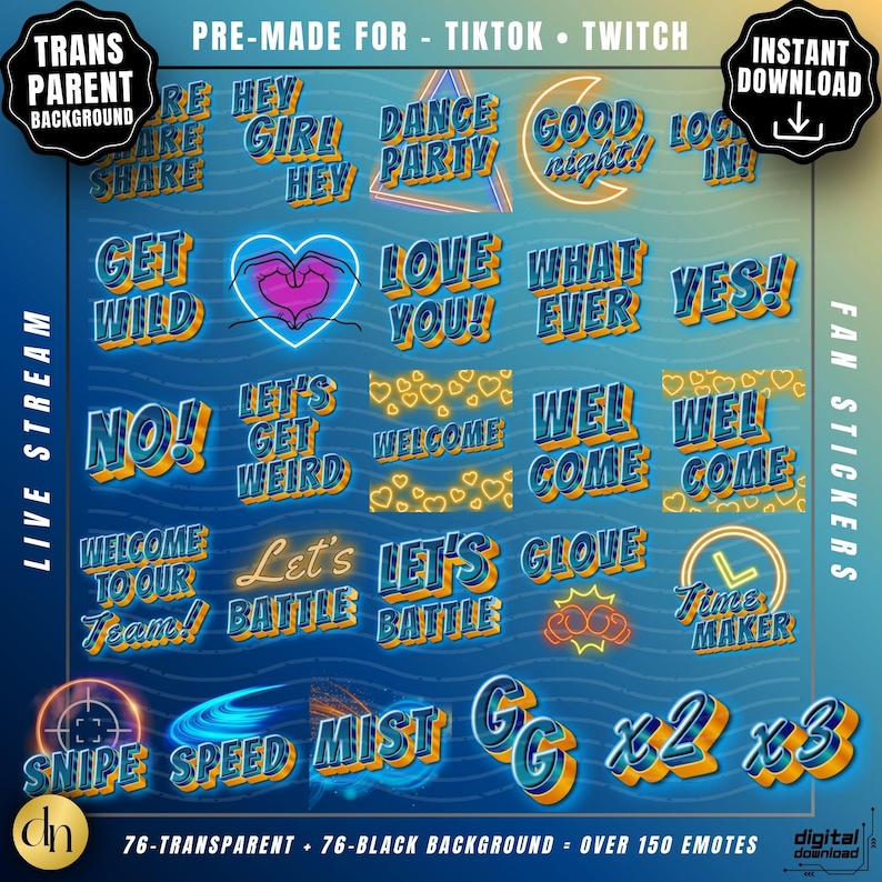 Tiktok Live Stream Stickers: Blue & Gold Neon + Alphabet Letter Emotes ...