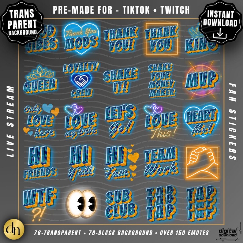 Tiktok Live Stream Stickers: Blue & Gold Neon + Alphabet Letter Emotes ...