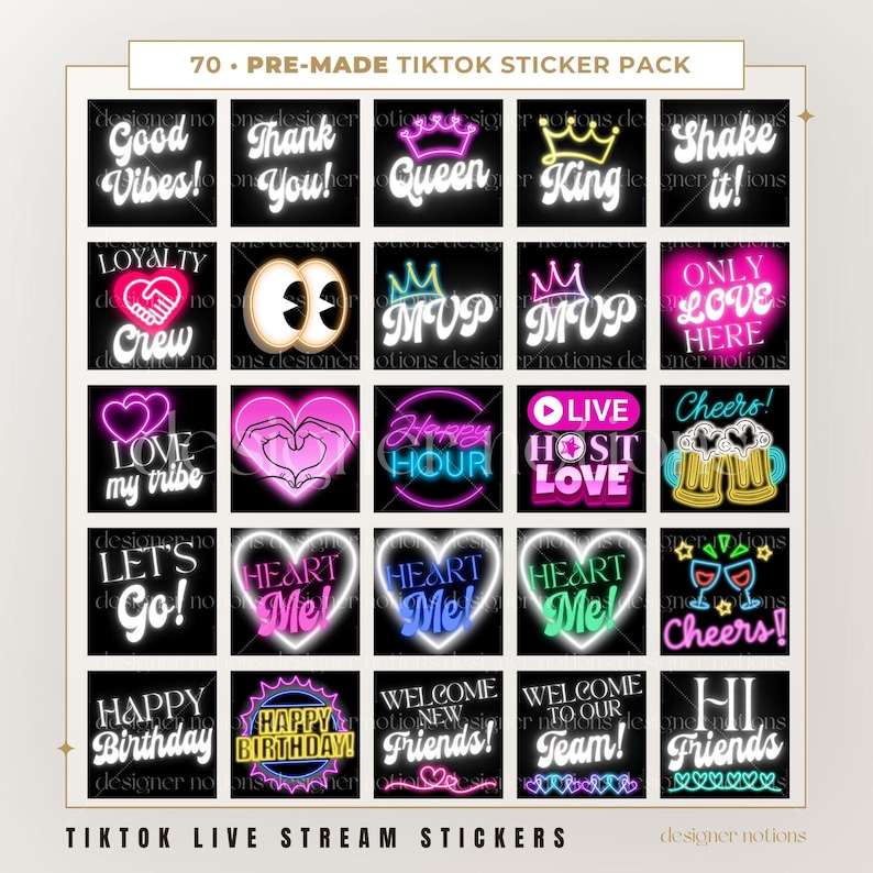 Retro Neon White Tiktok Subscriber Emotes: 70+ Livestream Stickers ...
