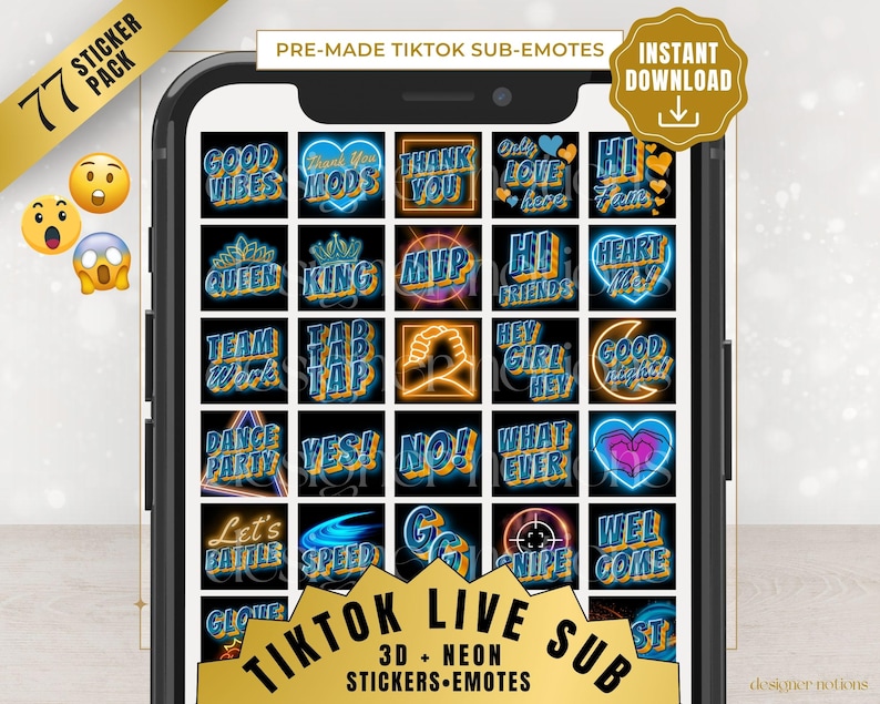 Tiktok Sub Stickers, Premade Live Stream Chat Stickers, Digital 3D Neon ...