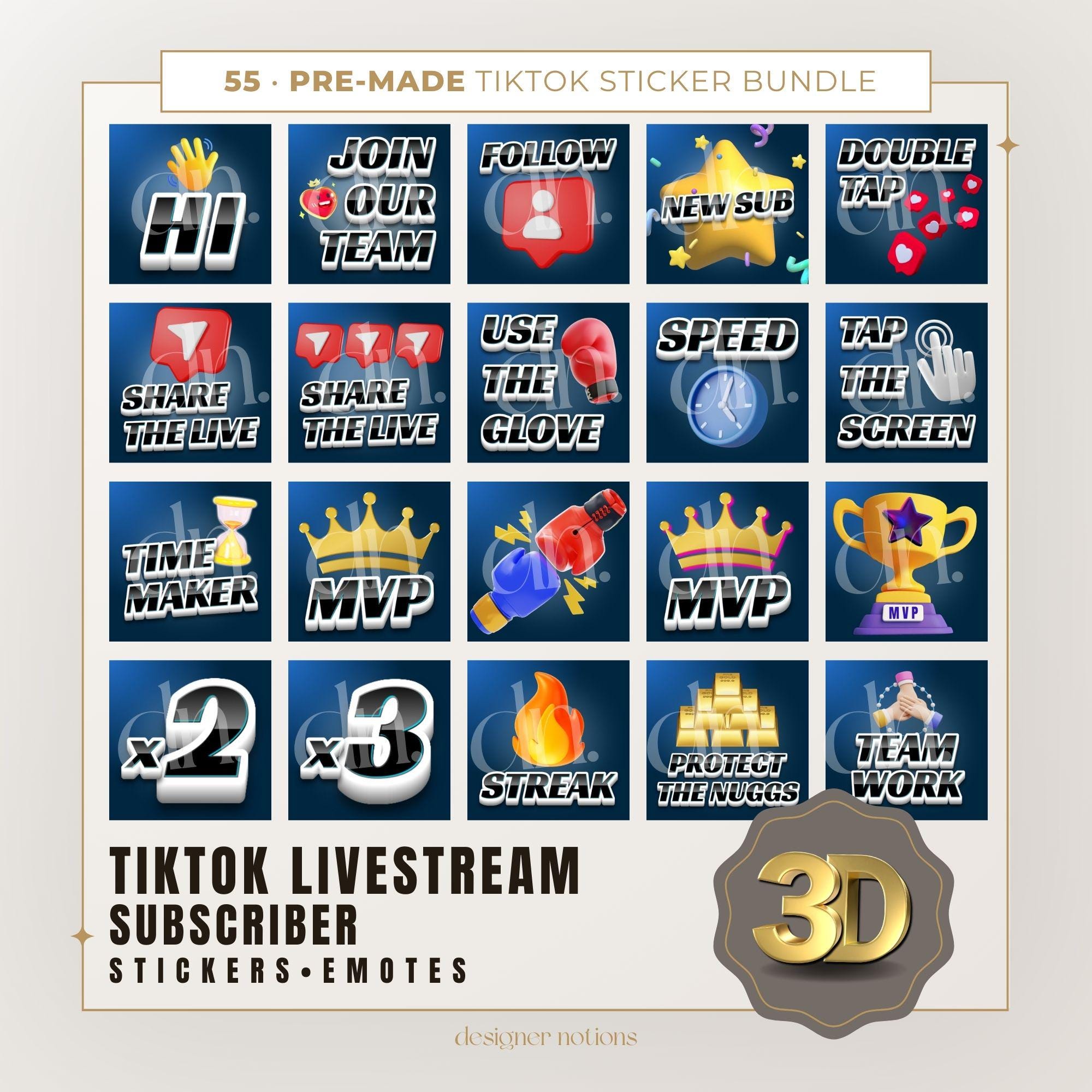 3D Tiktok Subscriber Stickers: 55 Dark Blue Livestream Emotes (digital ...