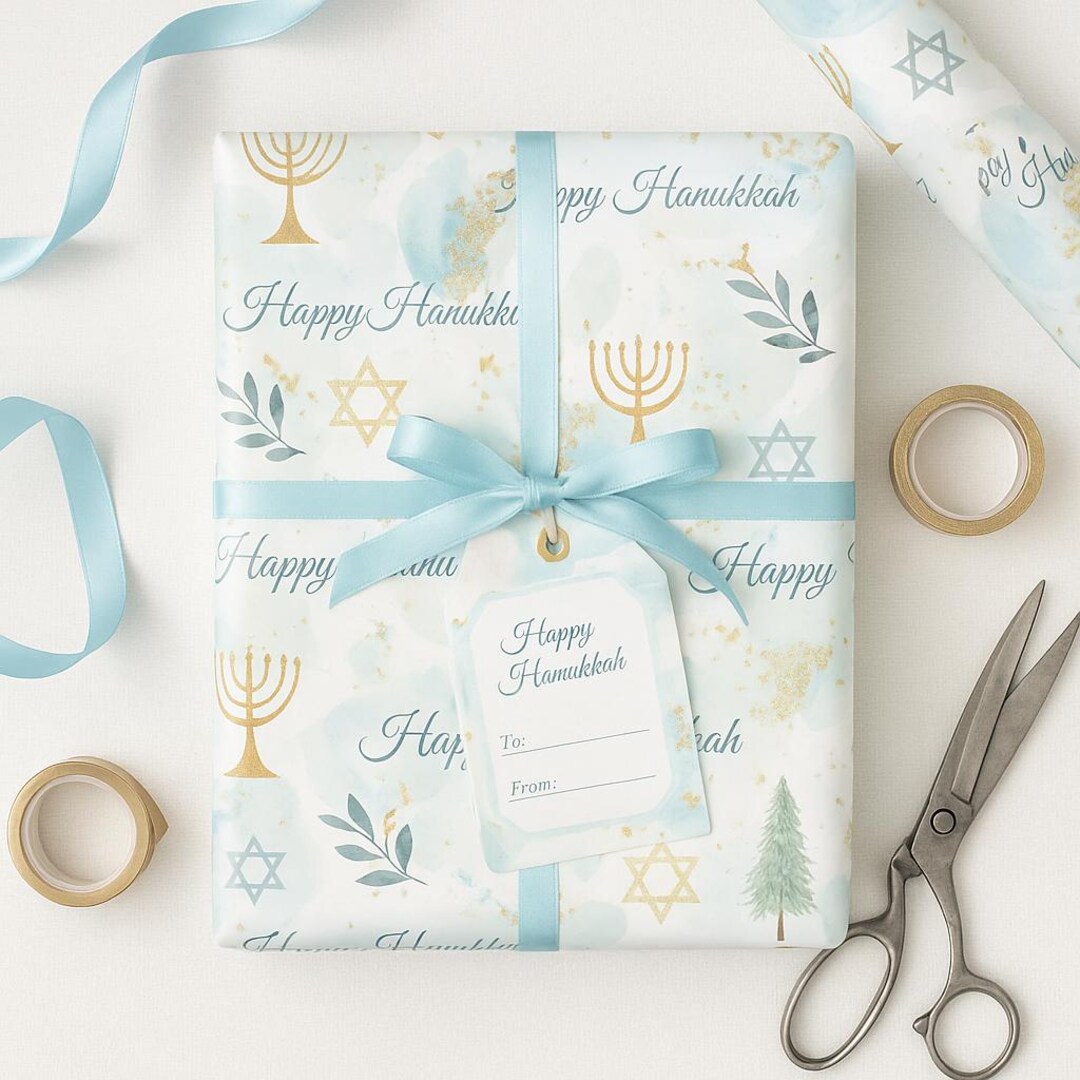 Printable Abstract Hanukkah Gift Wrap – Watercolor Blue & Gold Menorah ...