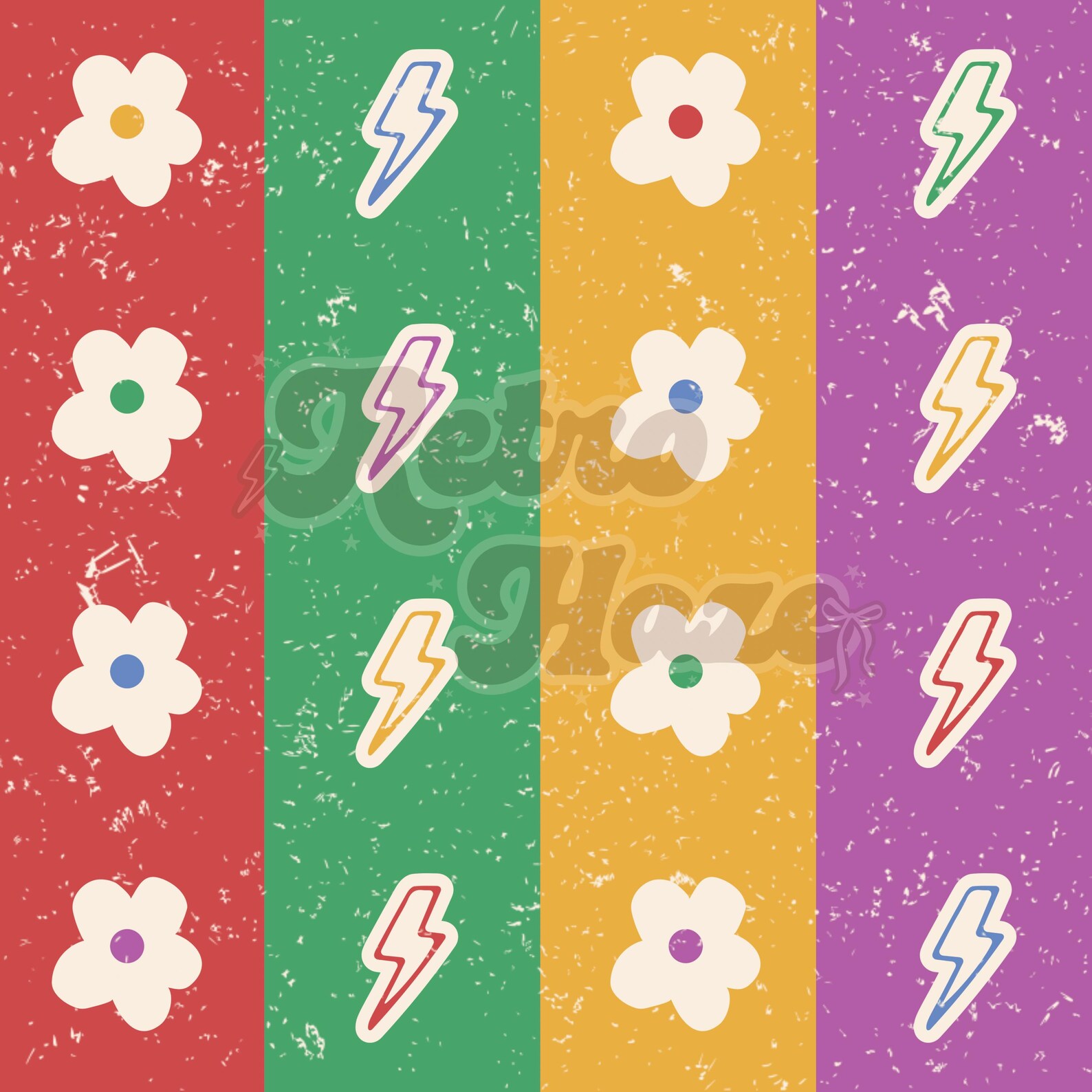 Retro Rainbow Stripes Seamless Pattern | Flowers and Lightning Bolts ...
