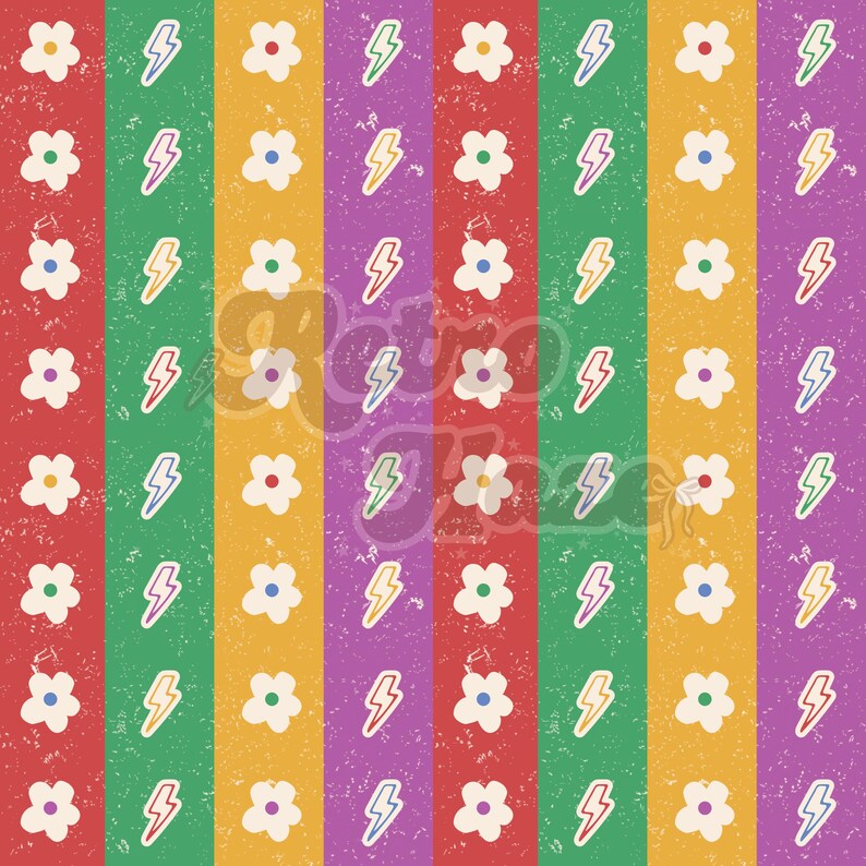 Retro Rainbow Stripes Seamless Pattern | Flowers and Lightning Bolts ...