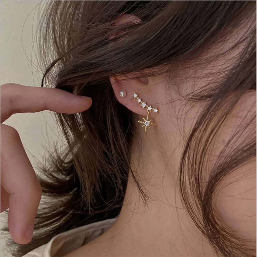 Tiny Stars Crystal Celestial Ear Climber Earrings Delicate Star Cluster ...