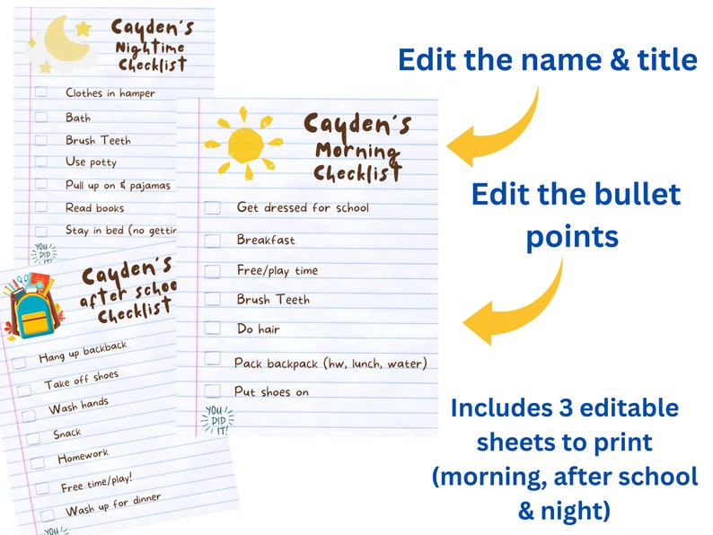 Kids Daily School Checklist Schedule Printable Editable Chore - Etsy