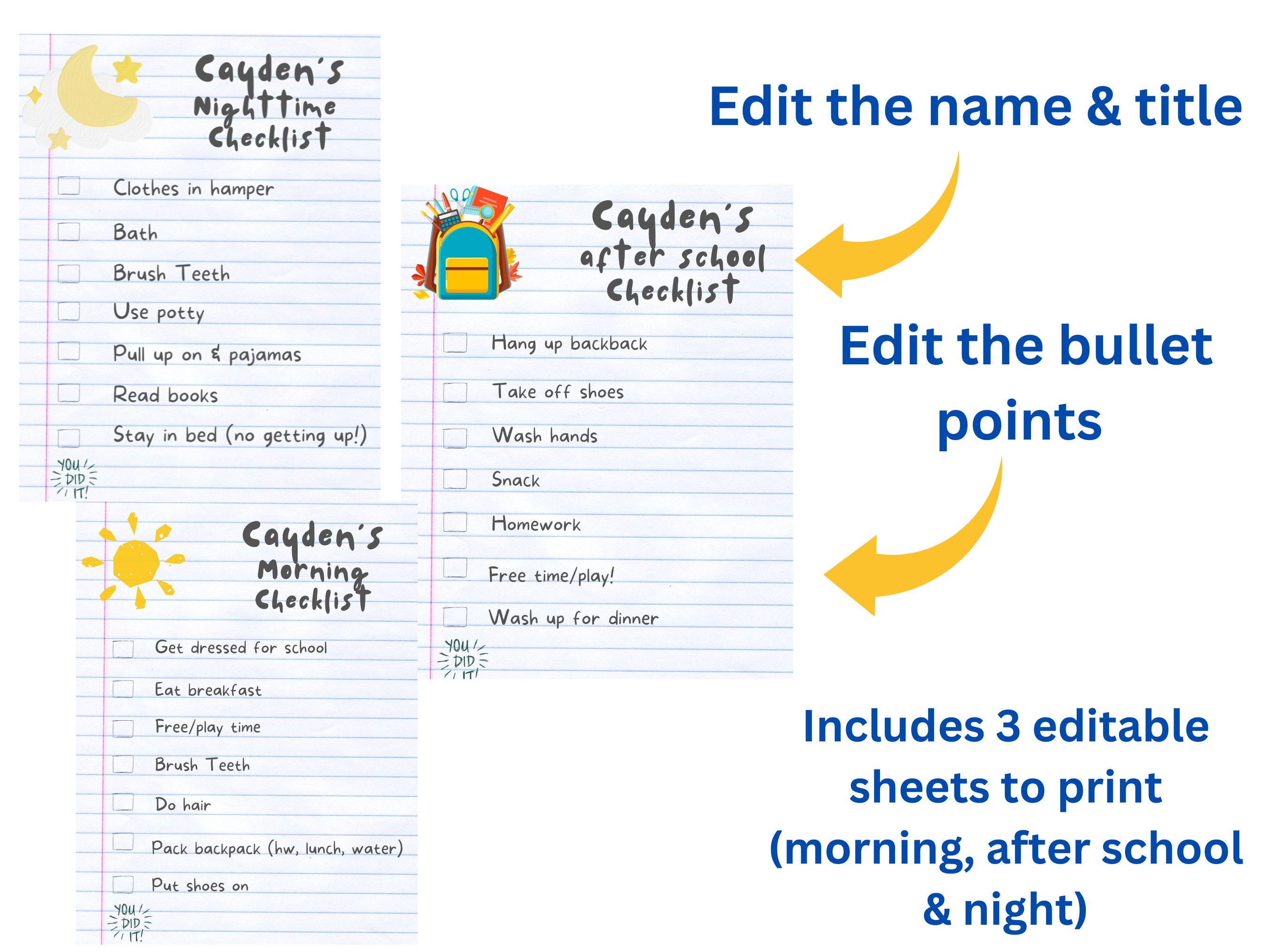 Kids Daily School Checklist Schedule Printable, Editable Chore Chart ...