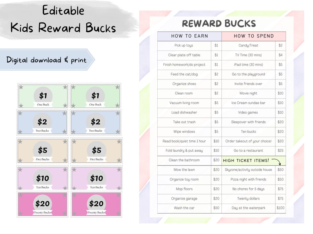 Editable Kids Reward Bucks | Printable | Mom Bucks, PDF Reward System ...