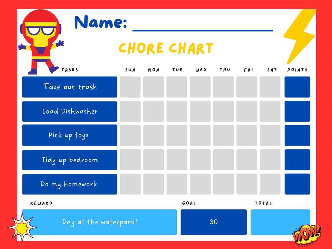 Reward Chart, Chore Chart, Behavior Chart, Boys Reward Chart, Daily ...