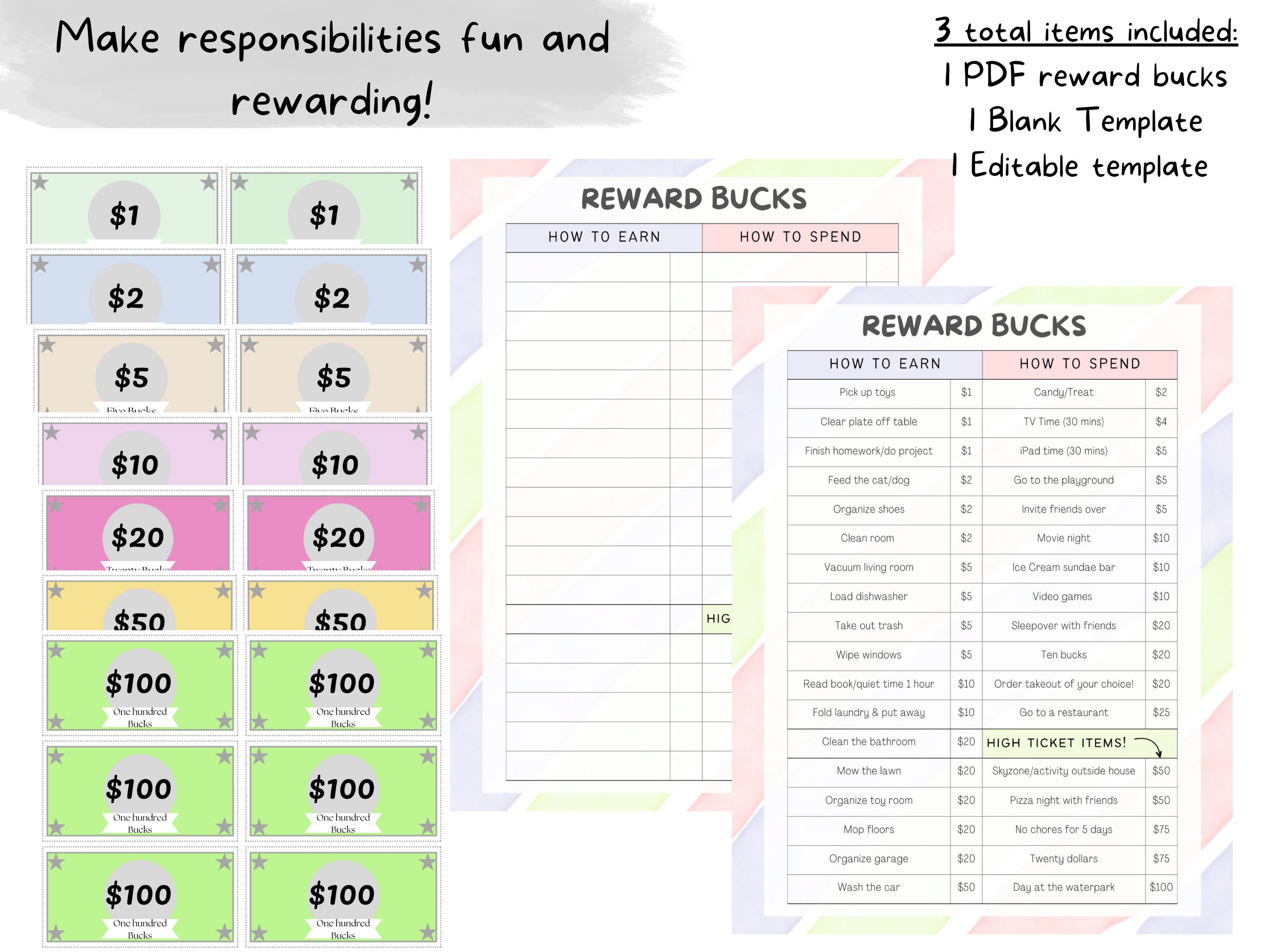 Editable Kids Reward Bucks Printable Mom Bucks, PDF Reward System for ...