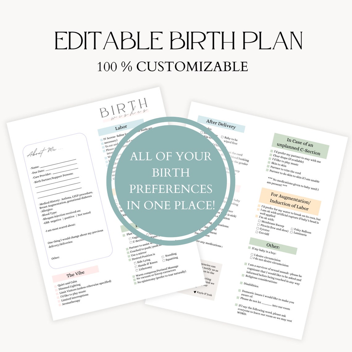 Editable Birth Plan/birth Wishes | Birth Preference Sheet | Birth Plan ...