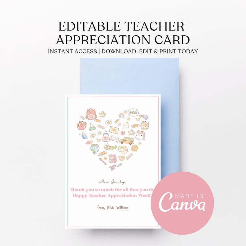 Editable Teacher Appreciation Card Template | End of Year Editable Card ...