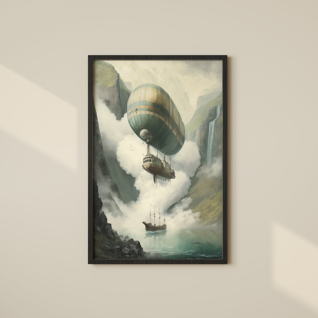 Airship Print: Mountain Lake Scene With Clouds - Vintage Steampunk Wall ...