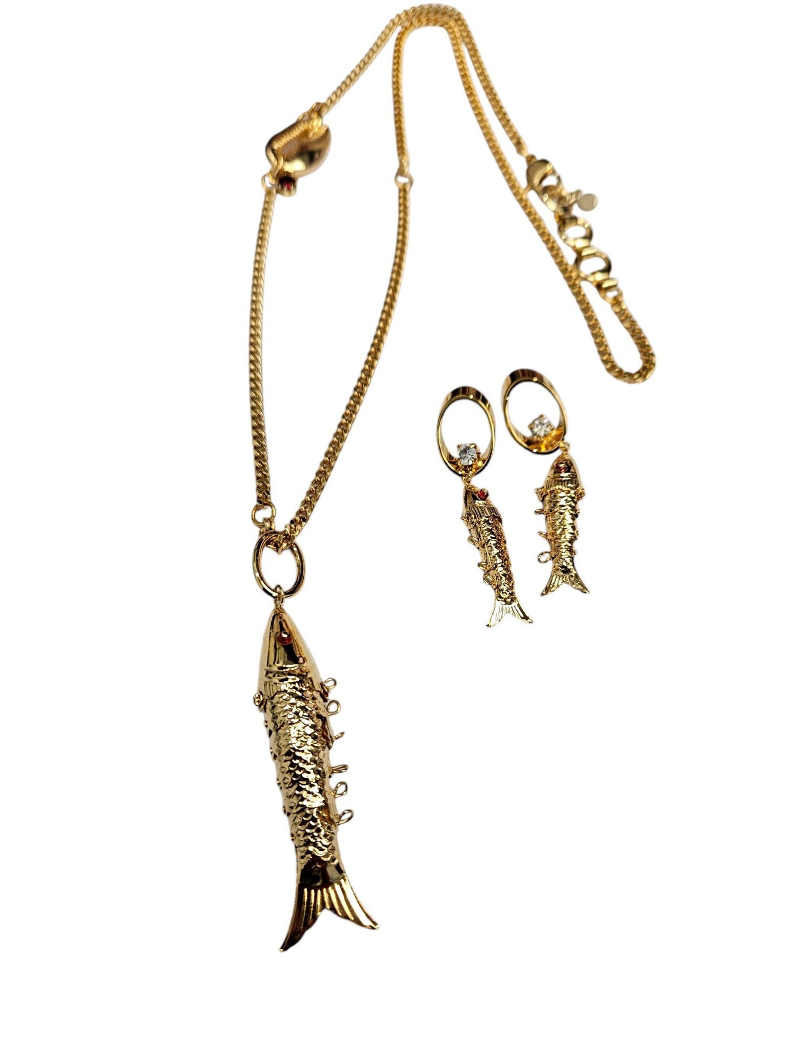 Filigree Articulated Fish Necklace Set With Earrings in Gold, Rhodium ...