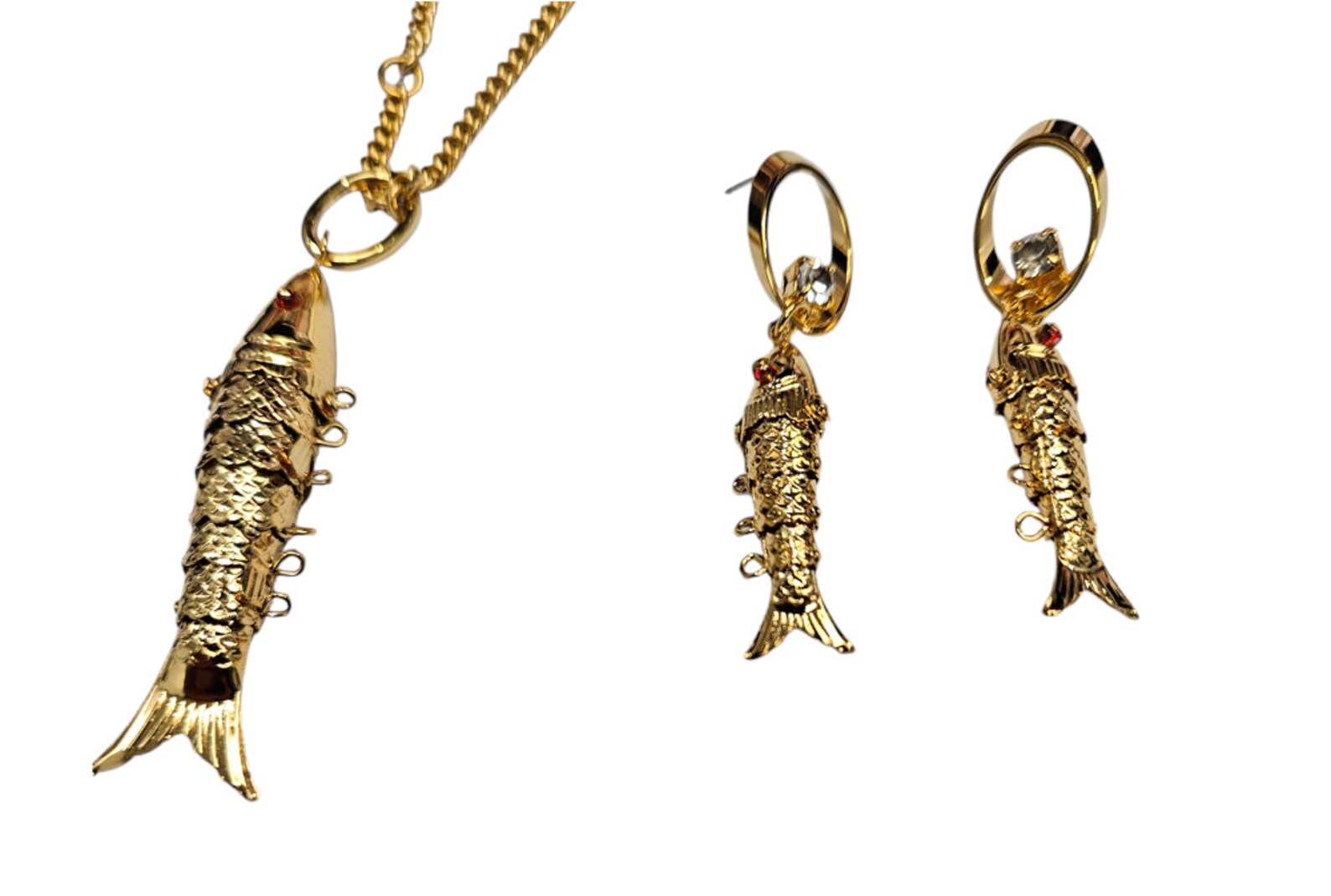 Filigree Articulated Fish Necklace Set With Earrings in Gold, Rhodium ...