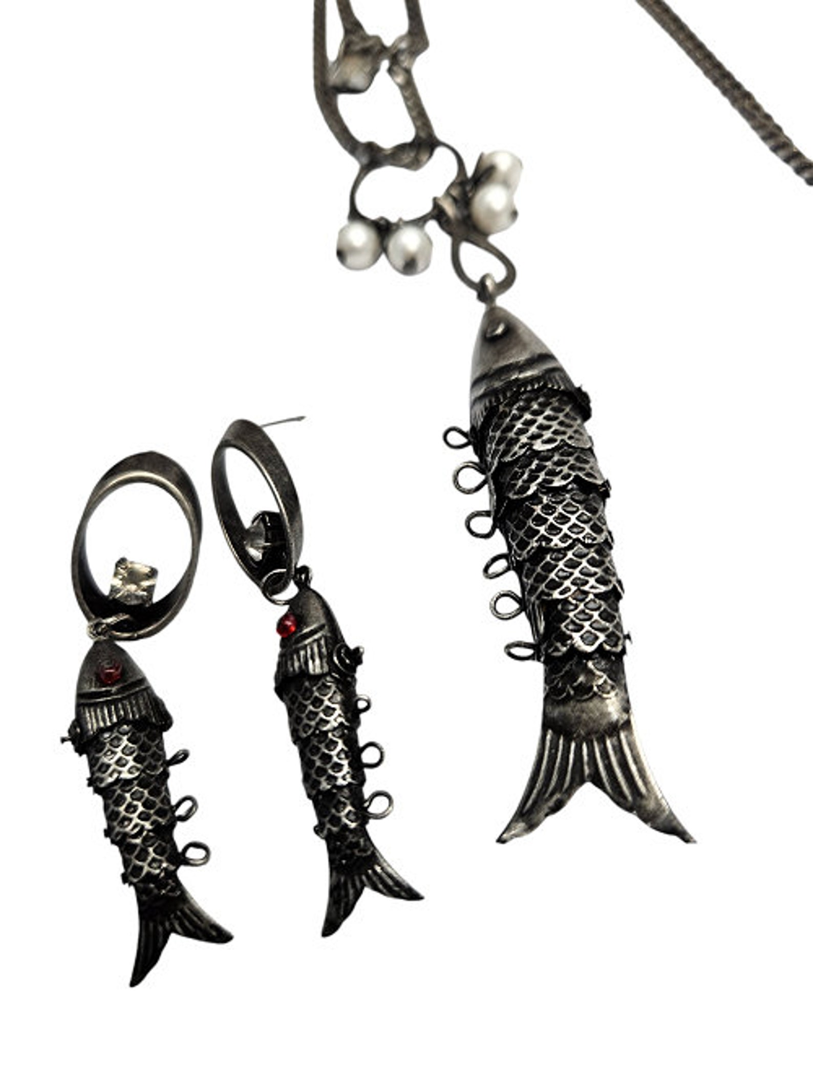 Filigree Articulated Fish Necklace Set With Earrings in Gold, Rhodium ...