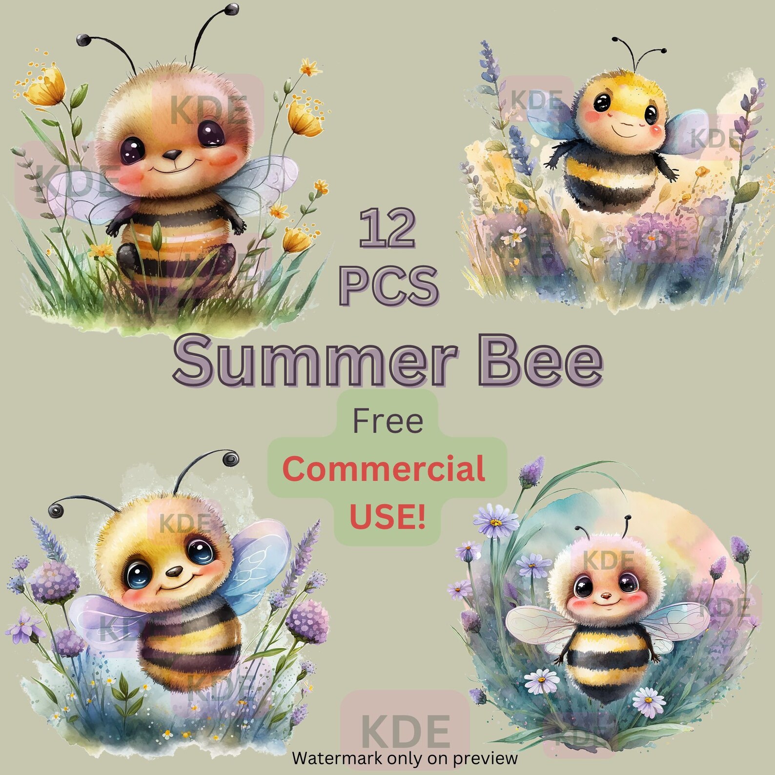 Cute Summer Bee Clipart, Baby Bee Clip Art, Watercolor Bees Clipart ...