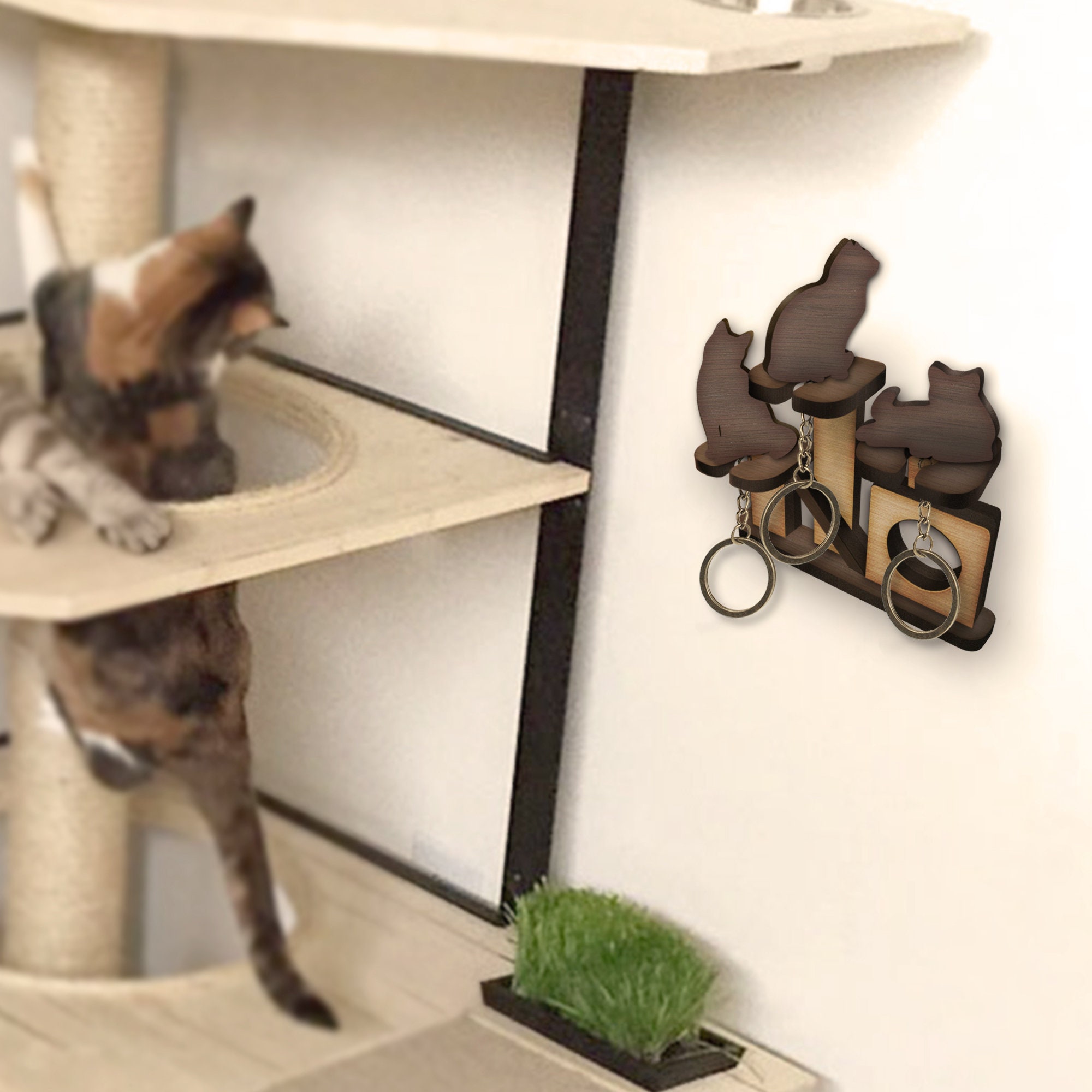Cat Wooden Key Holder, Wall Key Hanger With 3 Cute Kitty, Key Holders ...
