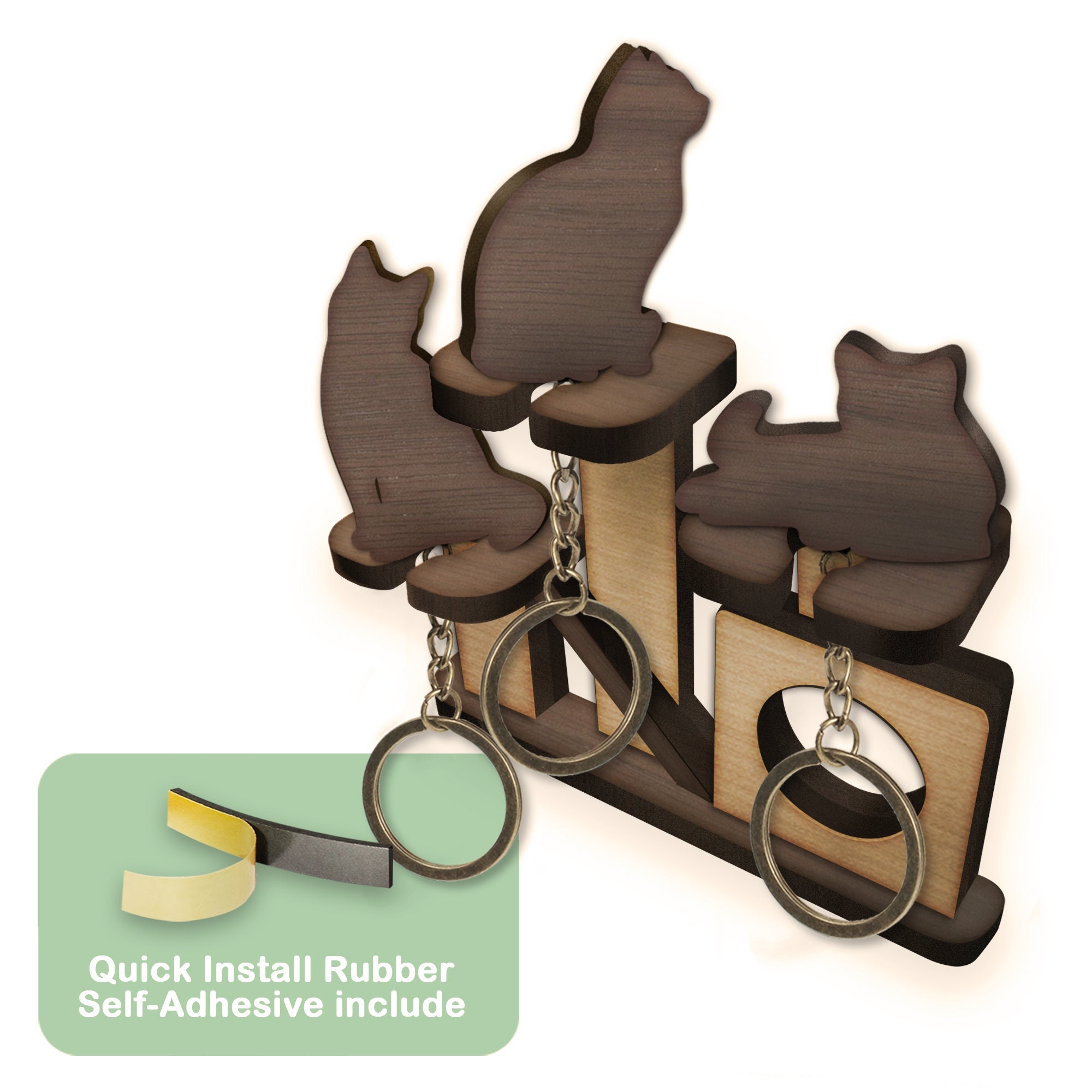 Cat Wooden Key Holder, Wall Key Hanger With 3 Cute Kitty, Key Holders ...