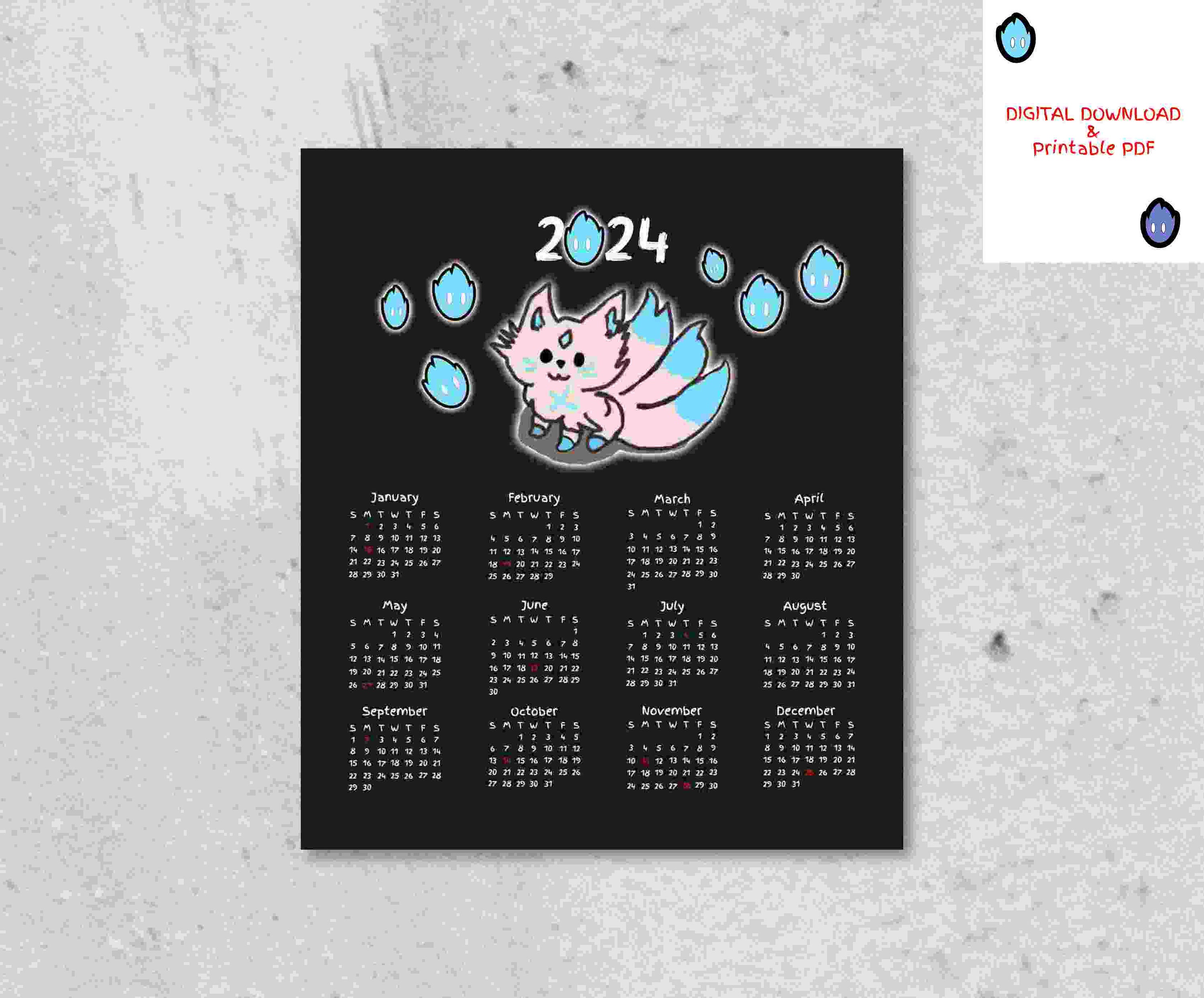 Kitsu Buddy 2024 Calendar With Chibi Fox & Spirit Flames Art ...