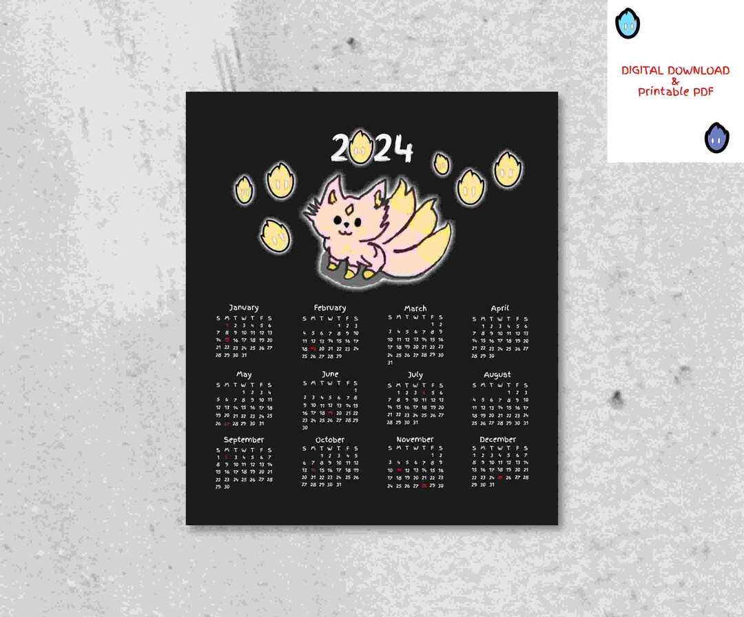 Kitsu Buddy 2024 Calendar With Chibi Fox & Spirit Flames Art Printable ...