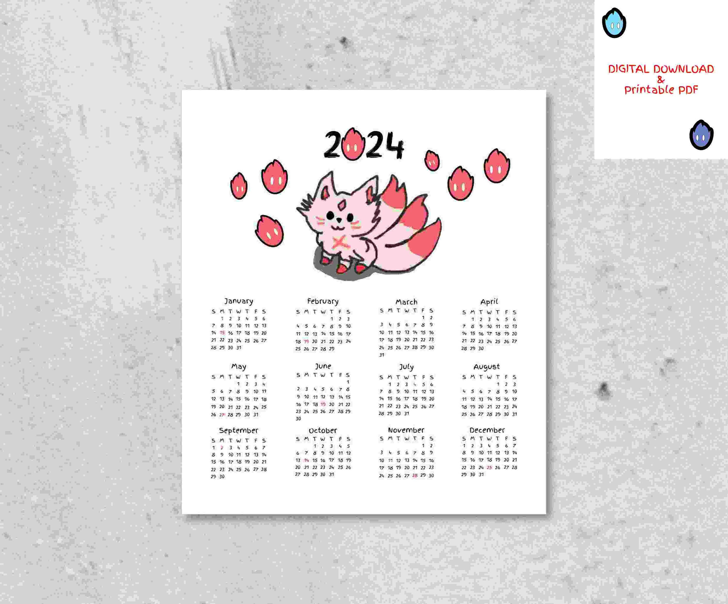 Kitsu Buddy 2024 Calendar With Chibi Fox & Spirit Flames Art Printable ...