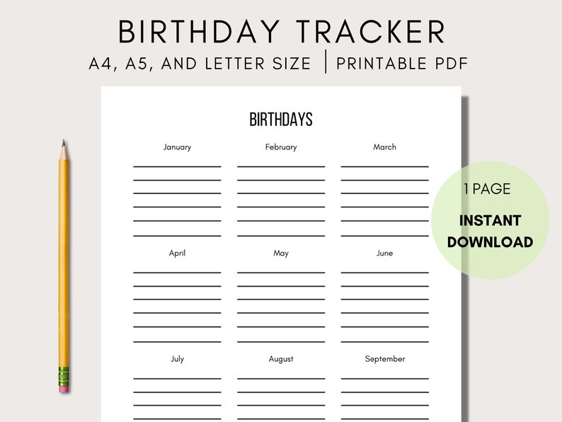 Birthday Tracker | Birthday Tracker Digital Download | Printable ...
