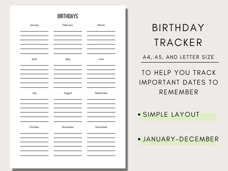 Birthday Tracker | Birthday Tracker Digital Download | Printable ...