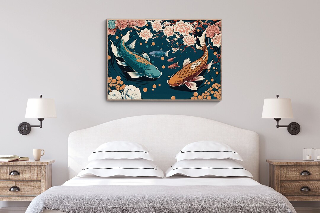 Japanese Koi Art Print | Floral Koi Fish Pond, Ukiyo Poster Japan Art ...