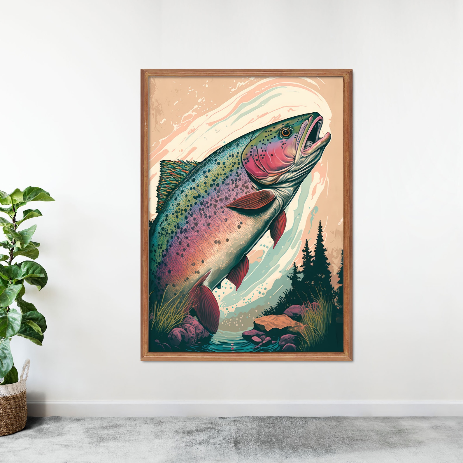 Rainbow Trout Fishing Poster, Mountain House Cabin Decor, Fly Fishing ...