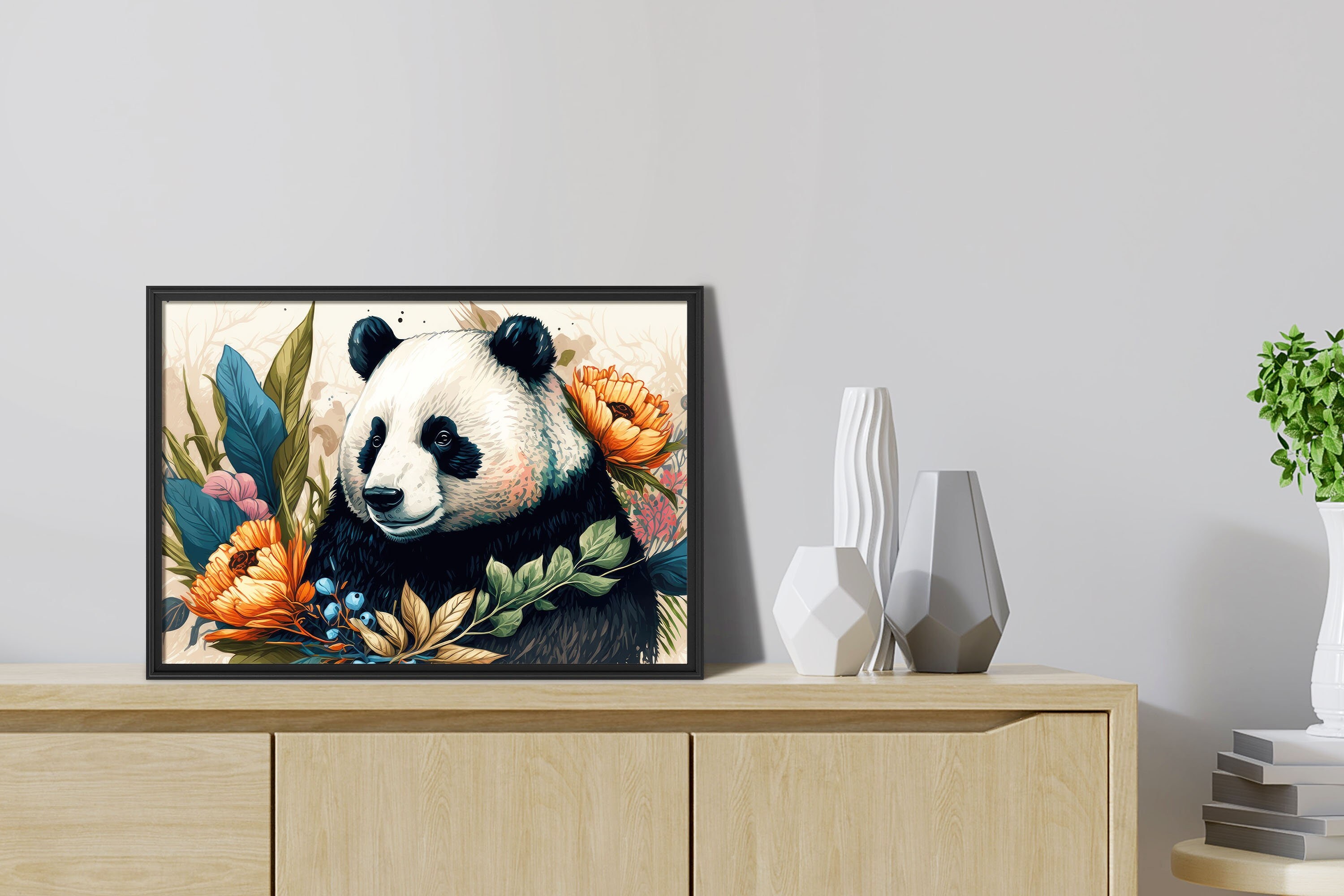 Modern Panda Bear Floral Poster Japanese Minimalist Artwork - Etsy