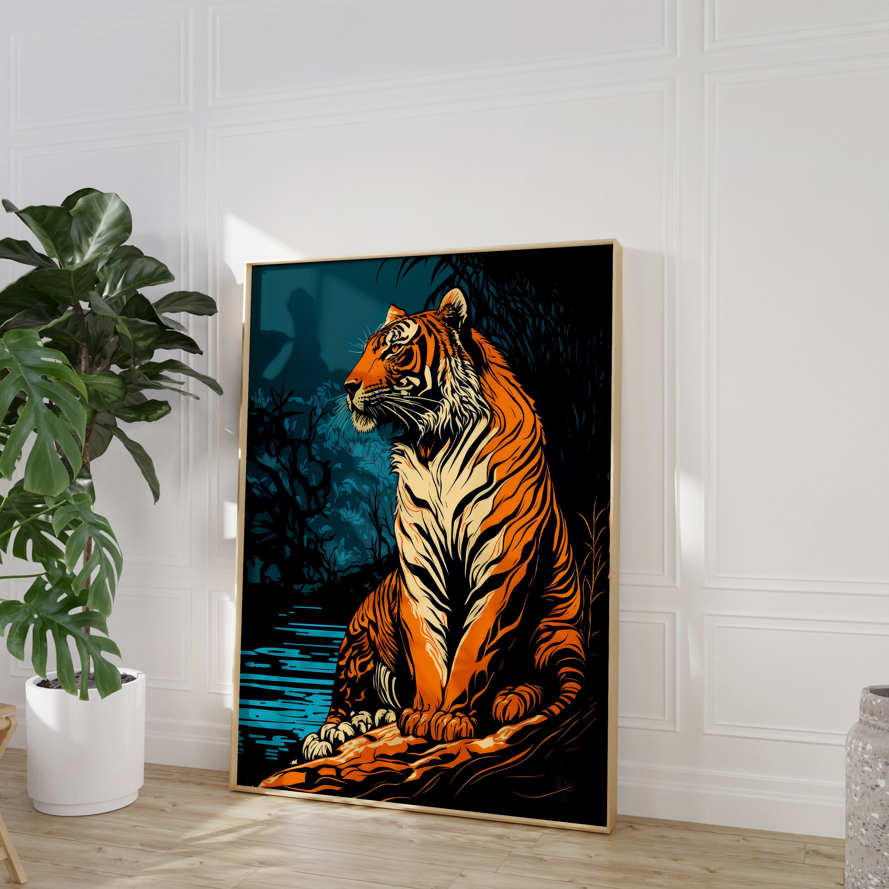 Bengal Tiger wall art, Floral tiger print, Jungle illustration, Safari ...
