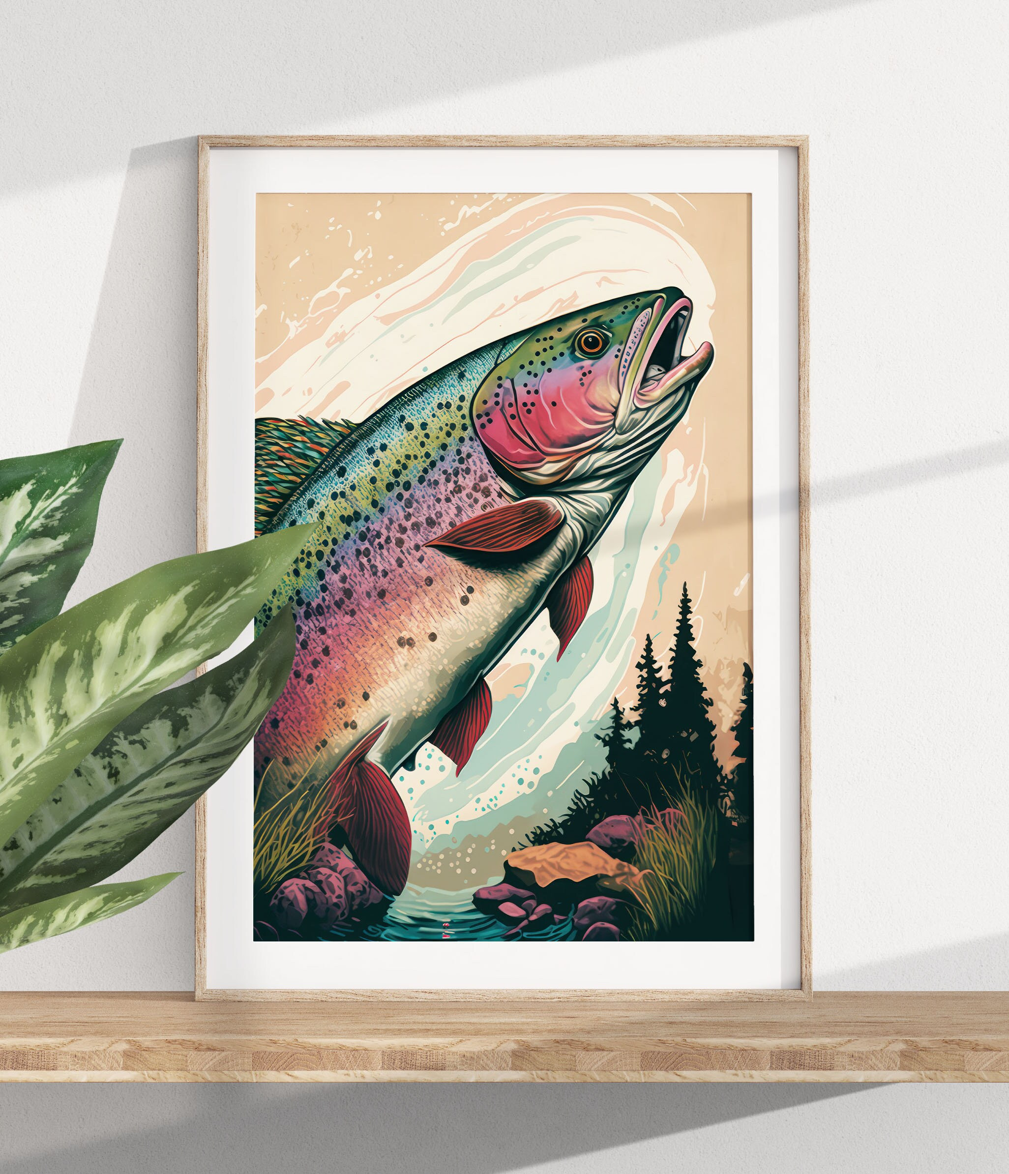 Rainbow Trout Fishing Poster, Mountain House Cabin Decor, Fly Fishing ...