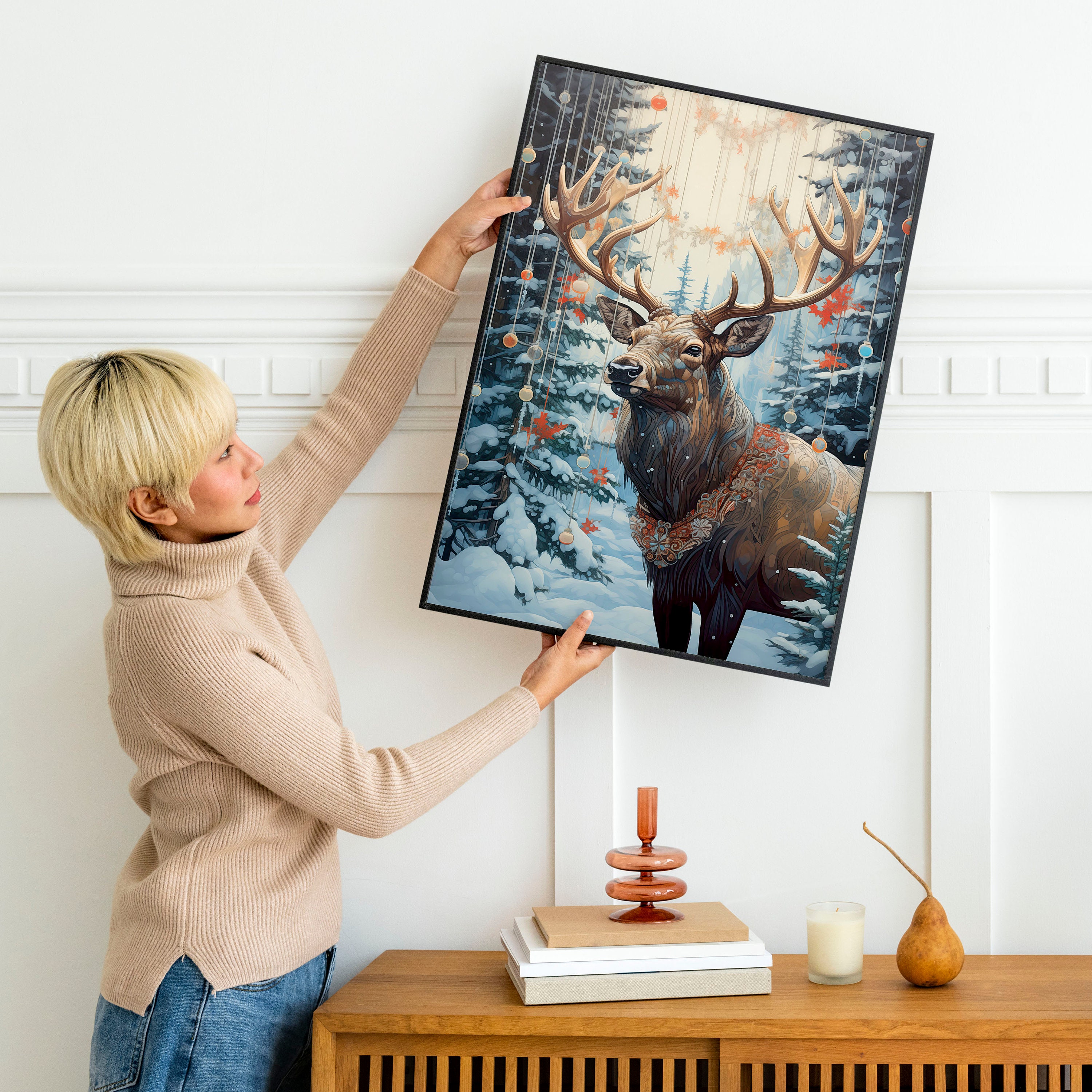 Reindeer Christmas Poster, Vintage Christmas Wall Art, Holiday Decor ...